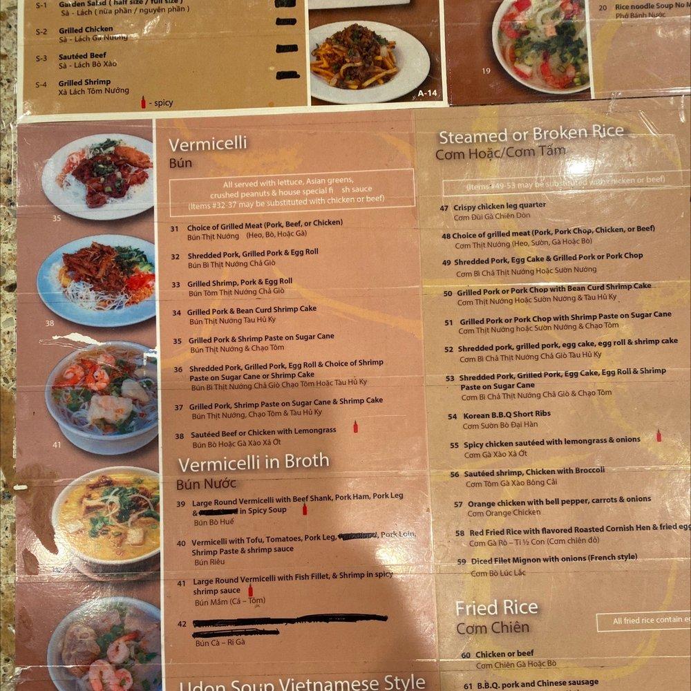 Menu at Pho Mai restaurant, Chino Hills