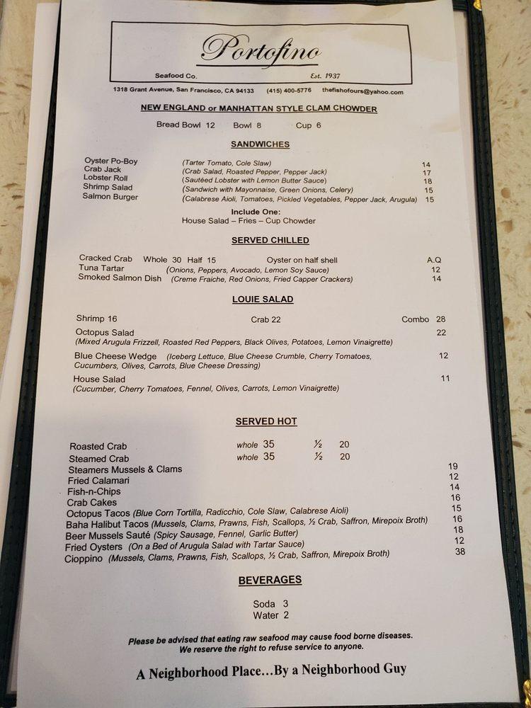 Menu at Portofino restaurant, San Francisco