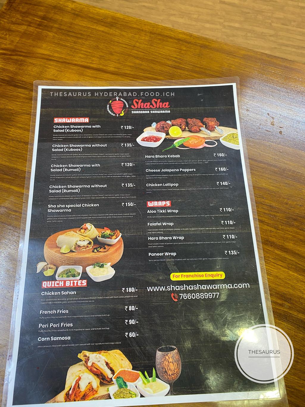 Menu at Shasha Shandaar Shawarma, Hyderabad, metro Pillar no 1160