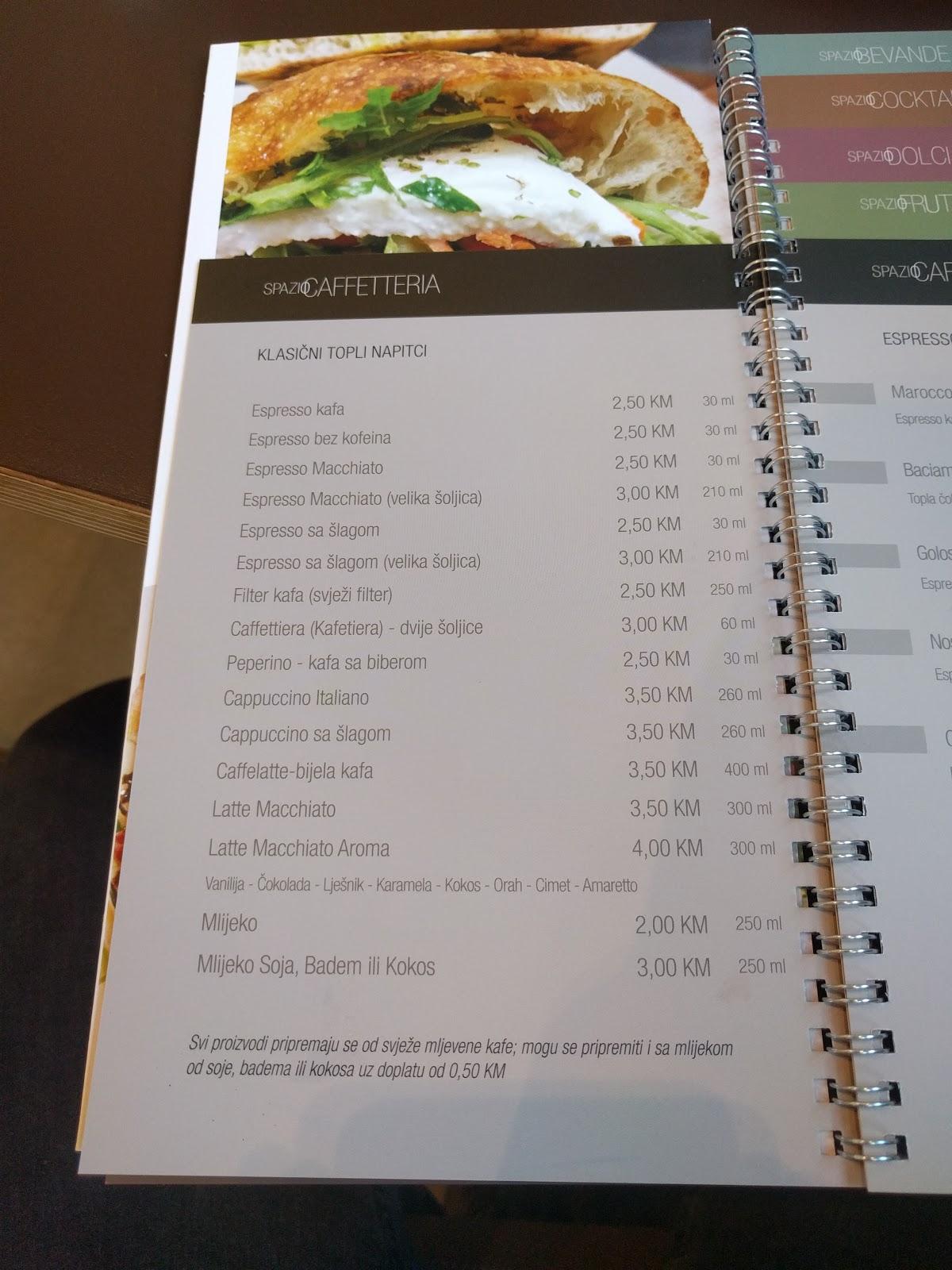 Speisekarte von Spazio Gourmet restaurant, Sarajevo