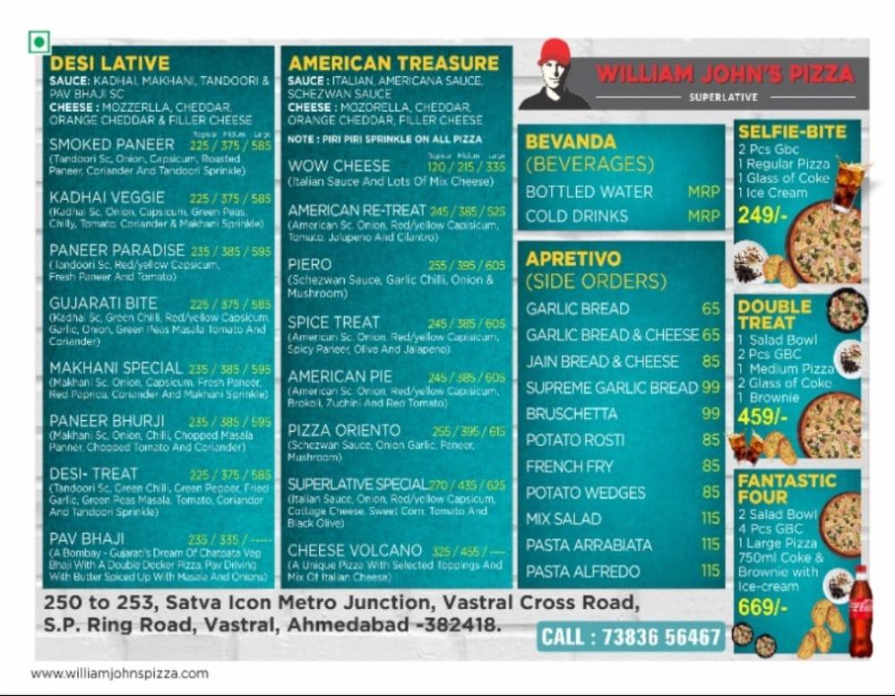 Menu at William John's Pizza Superlative, Ahmedabad, Shop No. 250 To 253