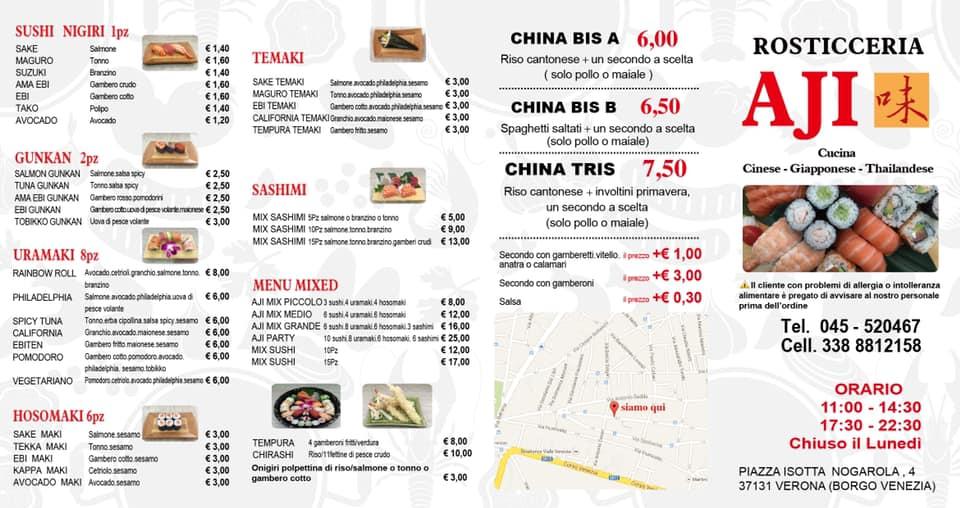 Menu at Rosticceria Aji restaurant, Verona