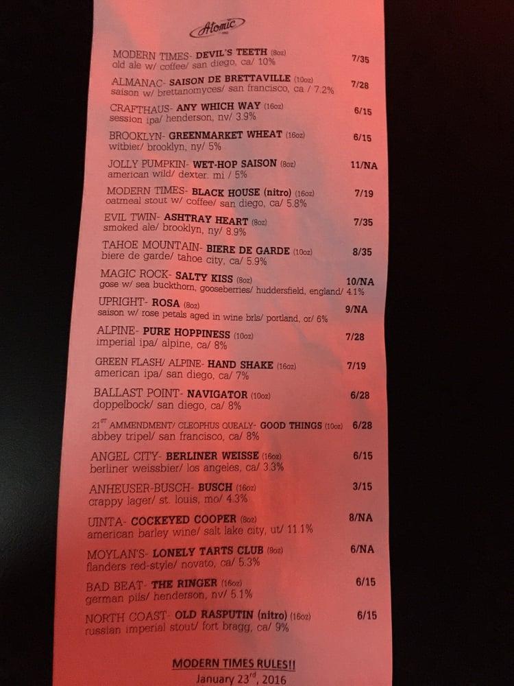 Menu at Atomic Liquors pub & bar, Las Vegas