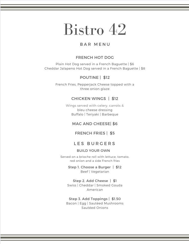 Menu at Bistro 42 restaurant, Hoosick Falls