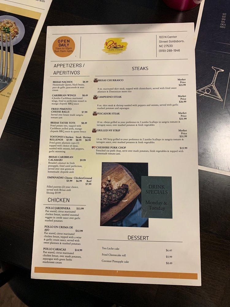 Menu at Brisas restaurant, Goldsboro