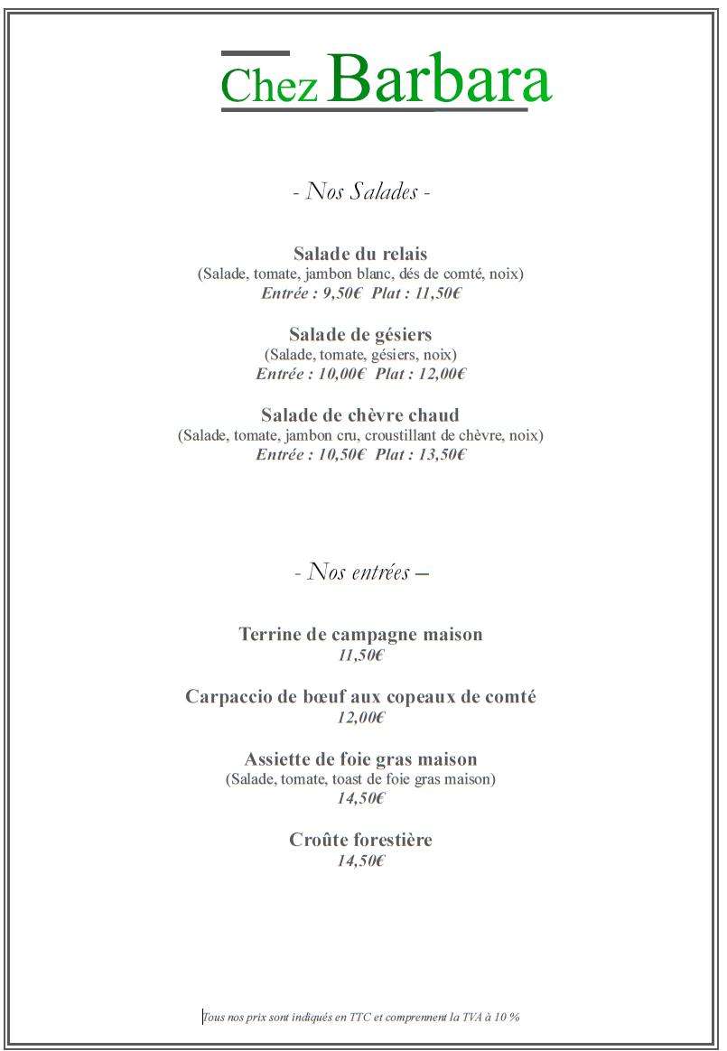 Menu at Chez Barbara, Censeau, 1 Rue de la Diligence