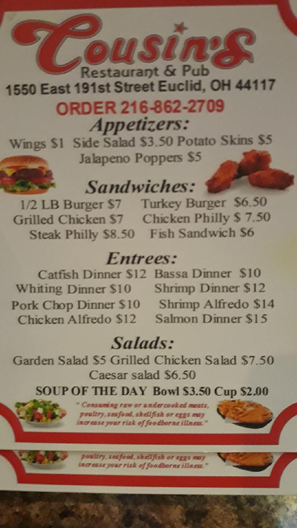 Menu at Cousin's Restaurant & Pub, Euclid