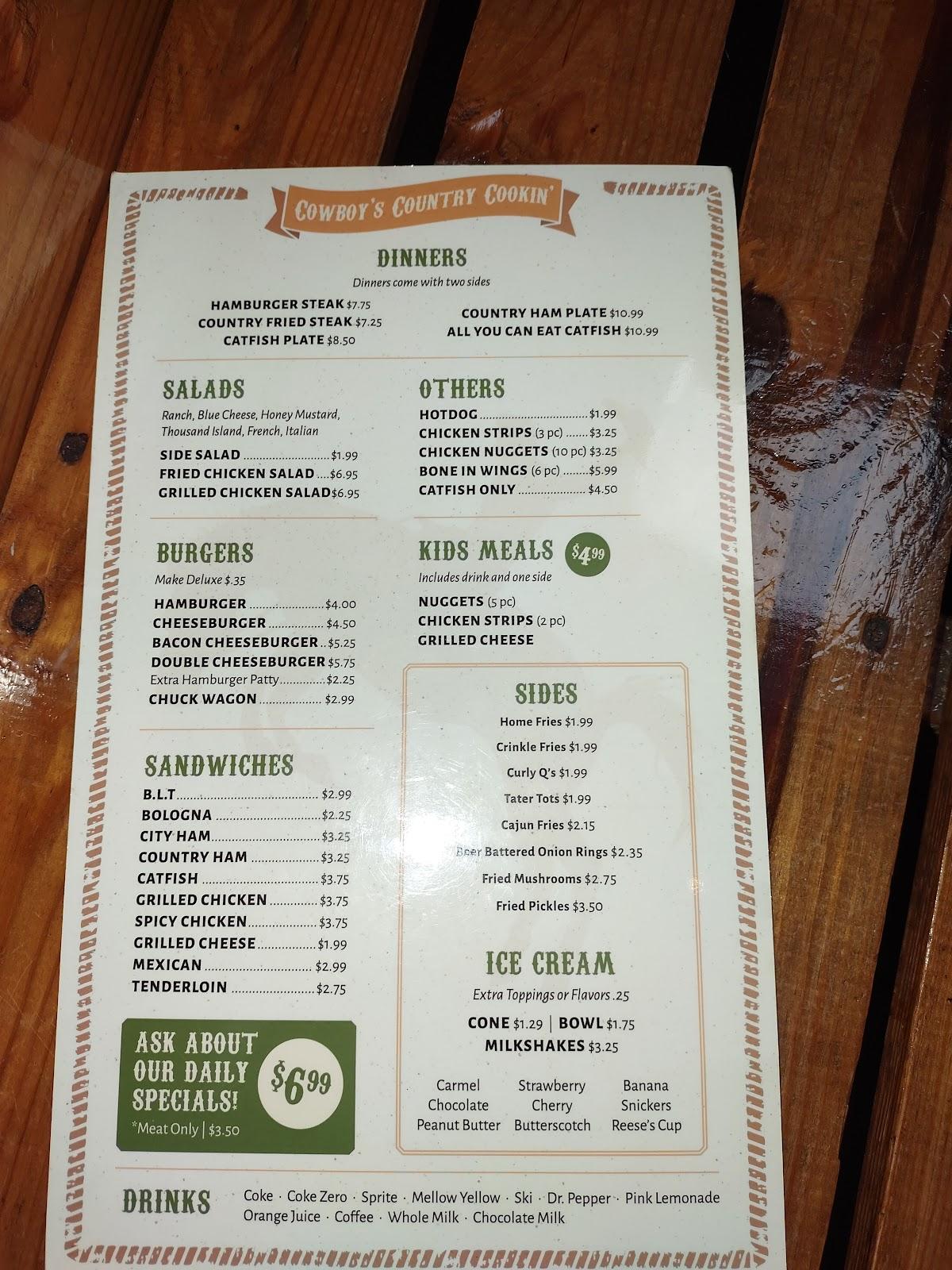 Menu at Cowboy's Country Cookin' restaurant, Glasgow