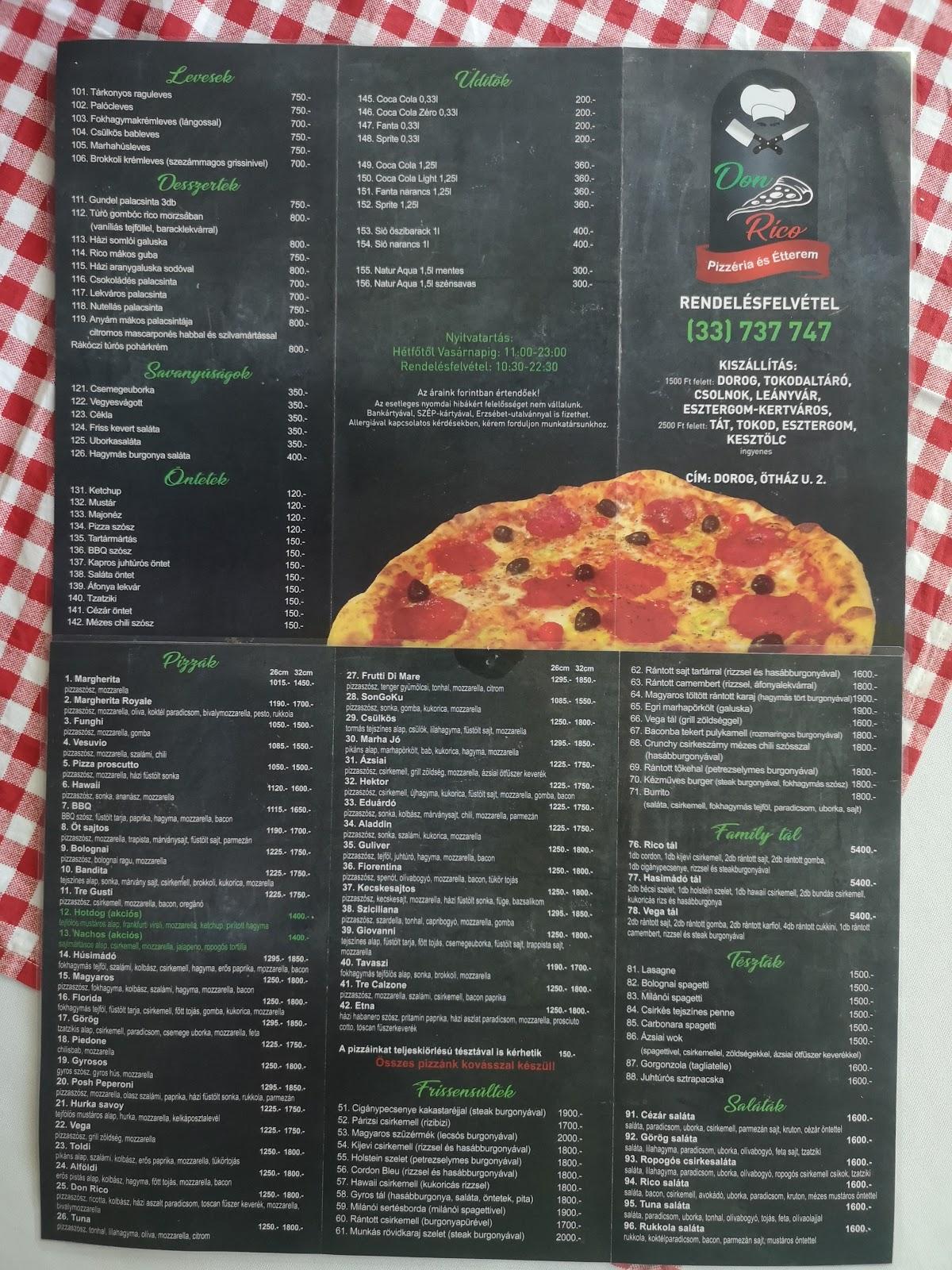 Menu at Don Rico restaurant, Dorog