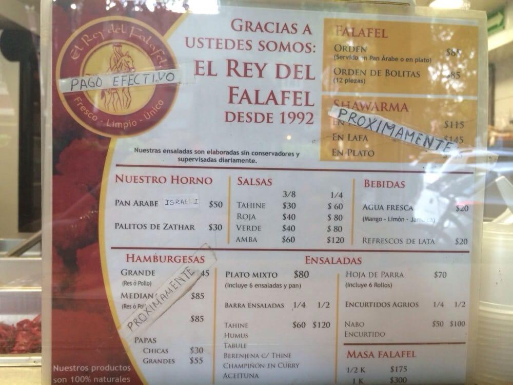 Menu at El Rey del Falafel restaurant, Mexico City, Av. Tamaulipas 55
