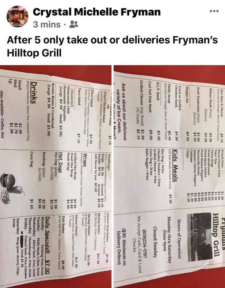 Menu at Hill Top Grill restaurant, Cynthiana