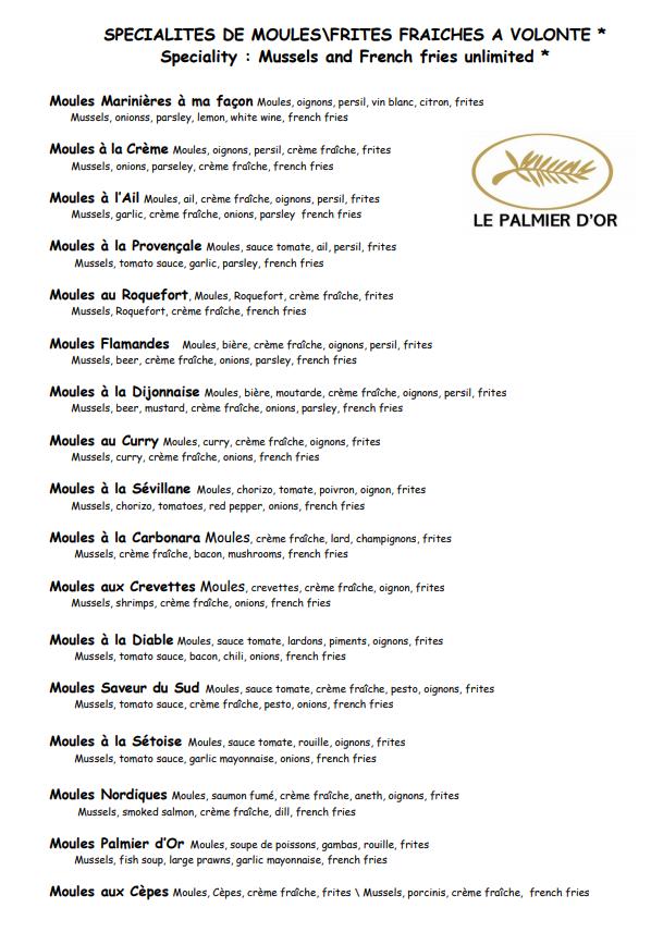 Menu au Le Palmier d'Or restaurant, Agde