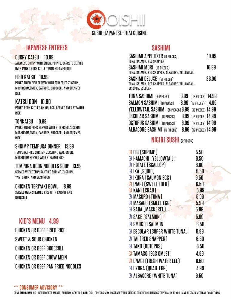 Menu at Oishii Japanese Thai Restaurant, Clovis
