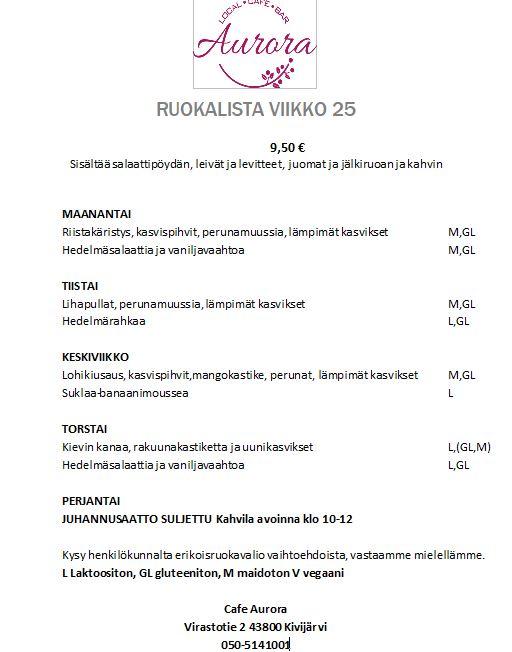 Menu at Cafe Aurora, Finland, Virastotie 2