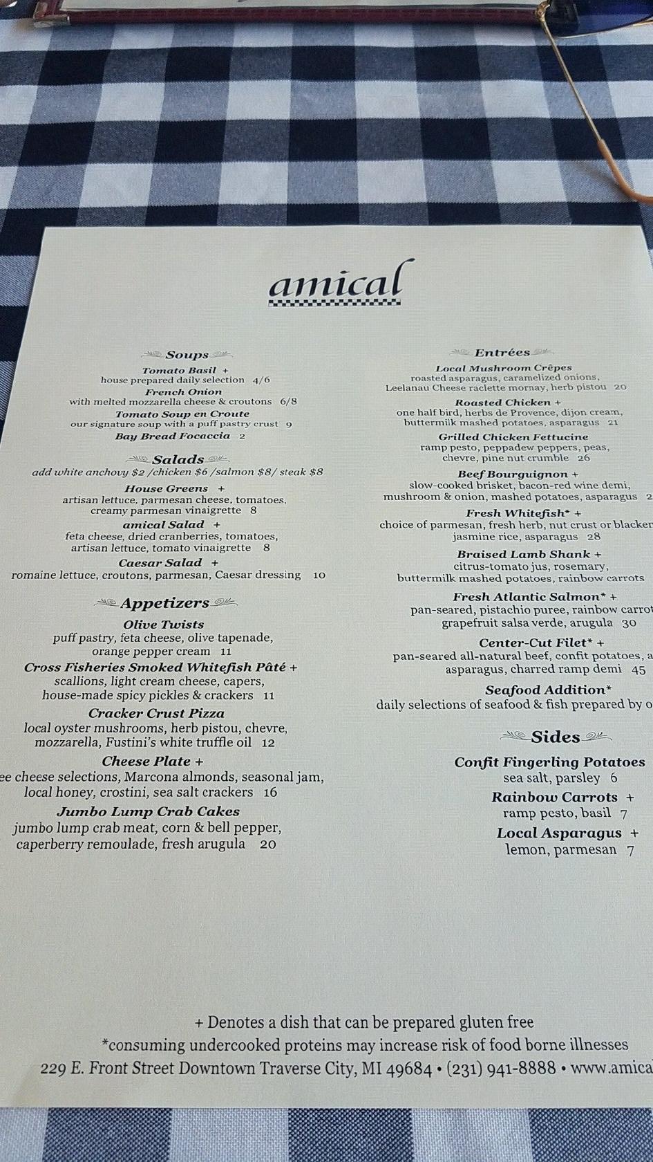 Carta del restaurante amical, Traverse City