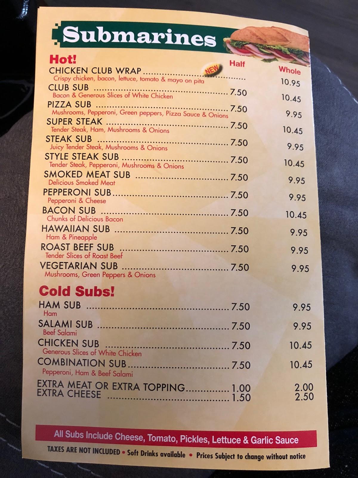 Menu at Laziza Pizza restaurant, Ottawa