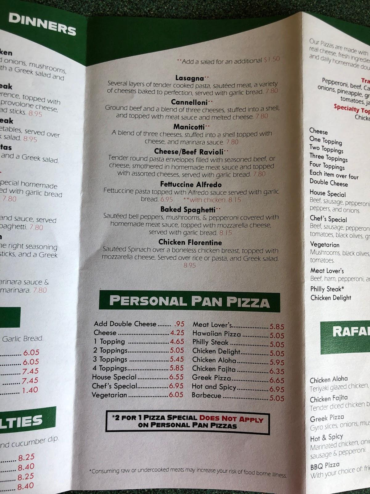 Menu at Rafael's Italian Restaurant, Fayetteville