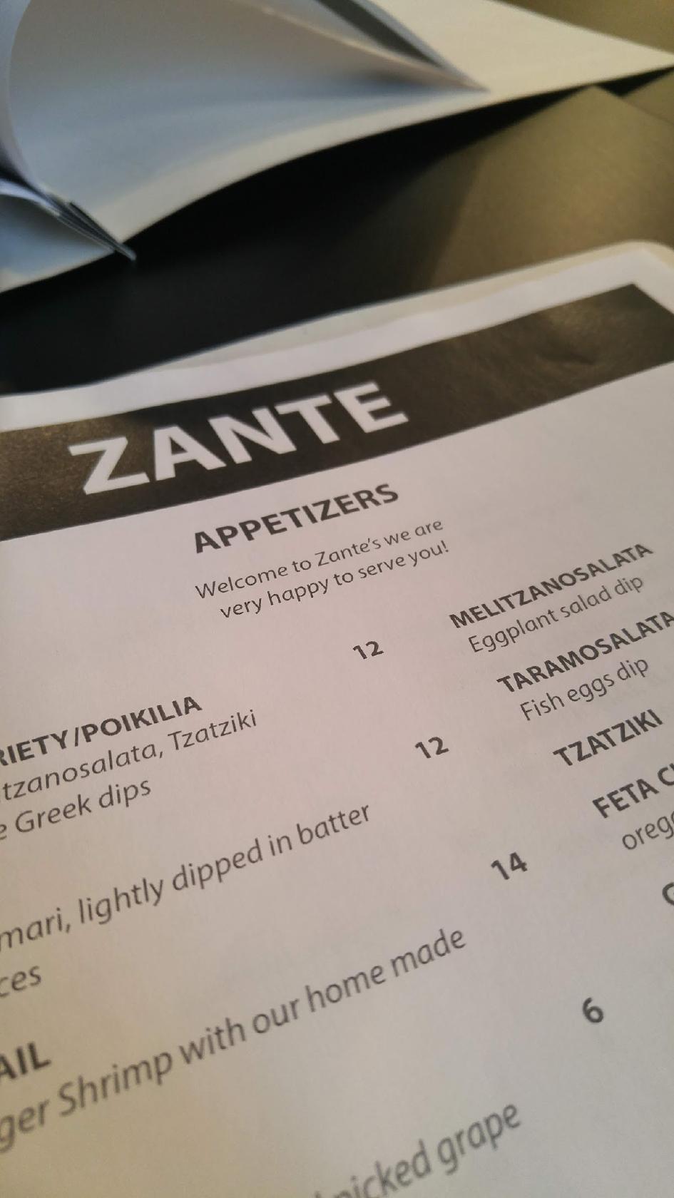 Menu at Zante Greek Bistro restaurant, Toronto