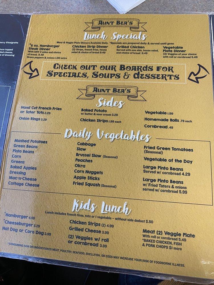 Menu at Aunt Bea's Home Cooking restaurant, Greeneville