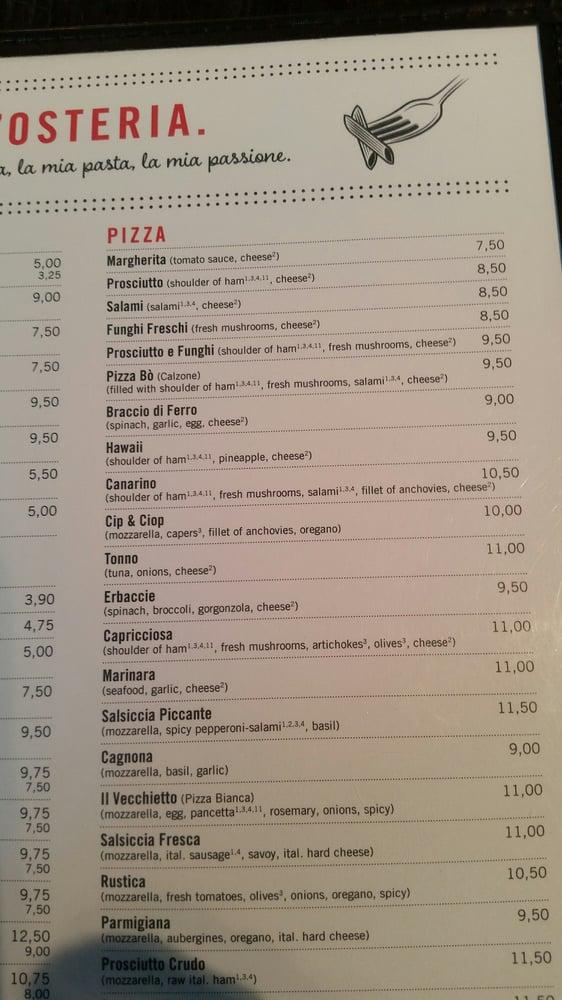 Menu at L'Osteria pizzeria, Frankfurt, Speicherstraße 1