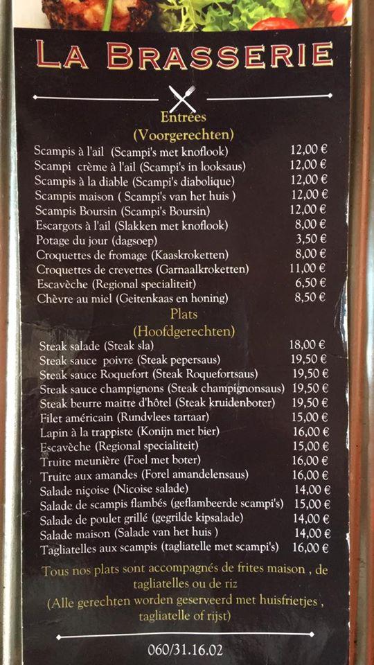 Menu at La Brasserie, Froidchapelle