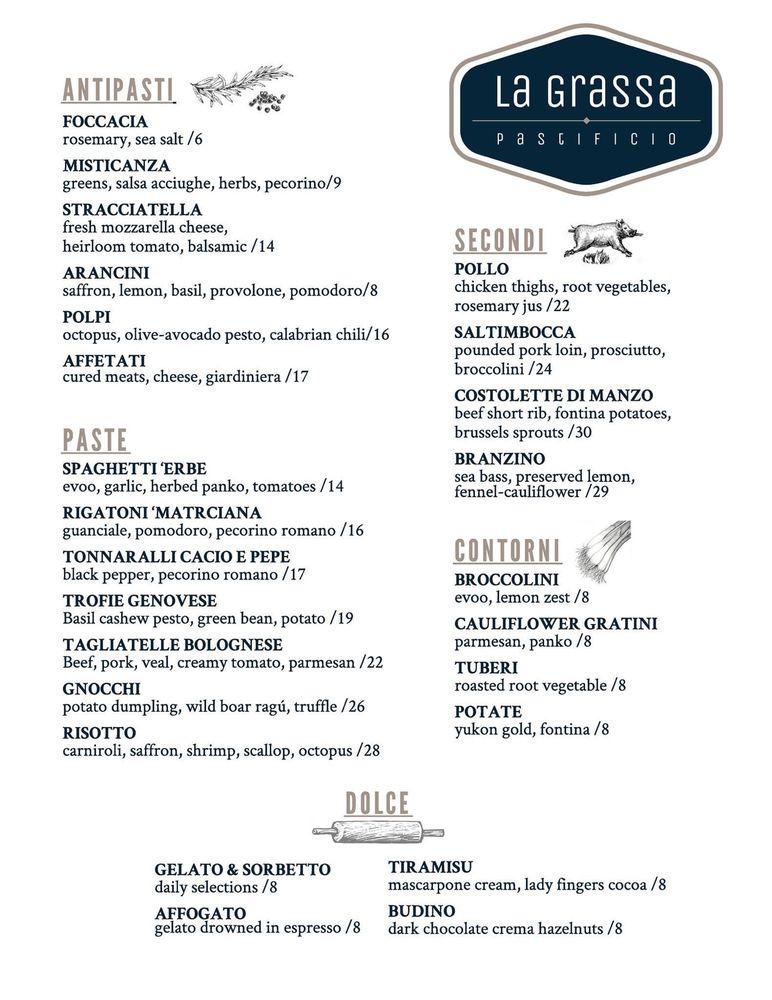 Menu at La Grassa Pastificio restaurant, Cary