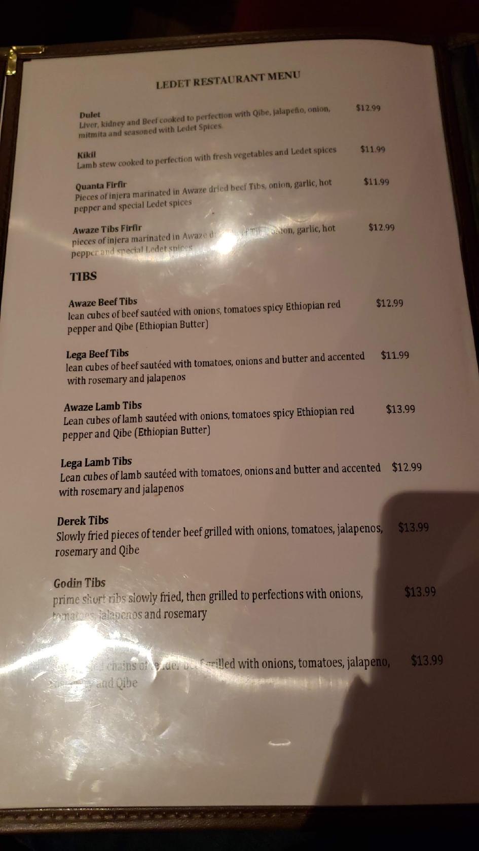 Menu at Ledet Ethiopian Restaurant, Clarkston, 447 N Indian Creek Dr