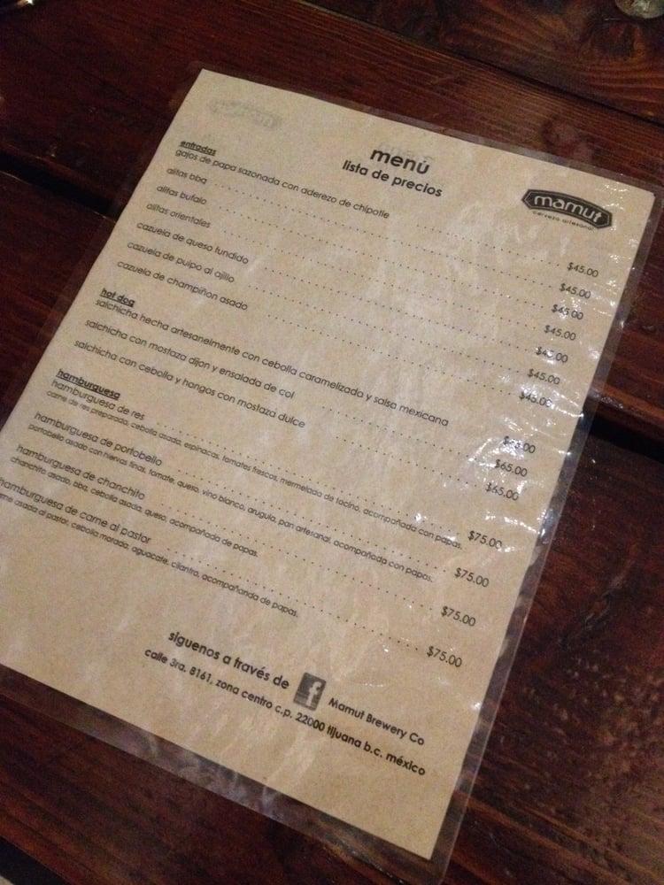 Carta del pub y bar Mamut Cervecería, Tijuana