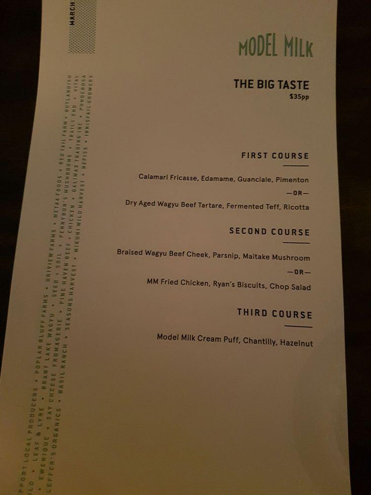 Menu at Model Milk restaurant, Calgary