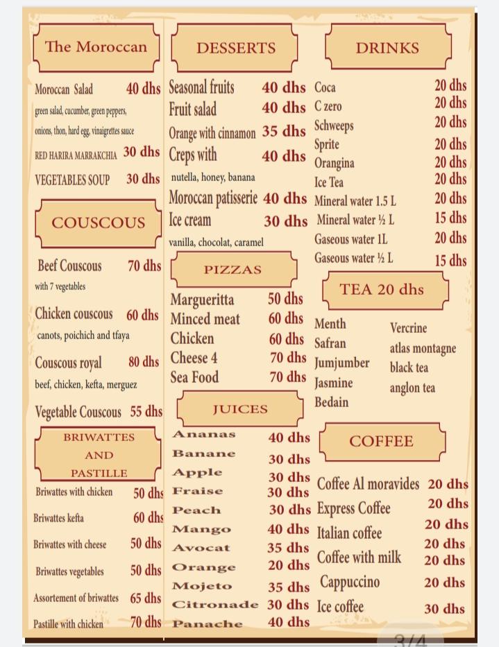 Menu at Restaurant Marrakech - Terrasse des épices, Marrakesh