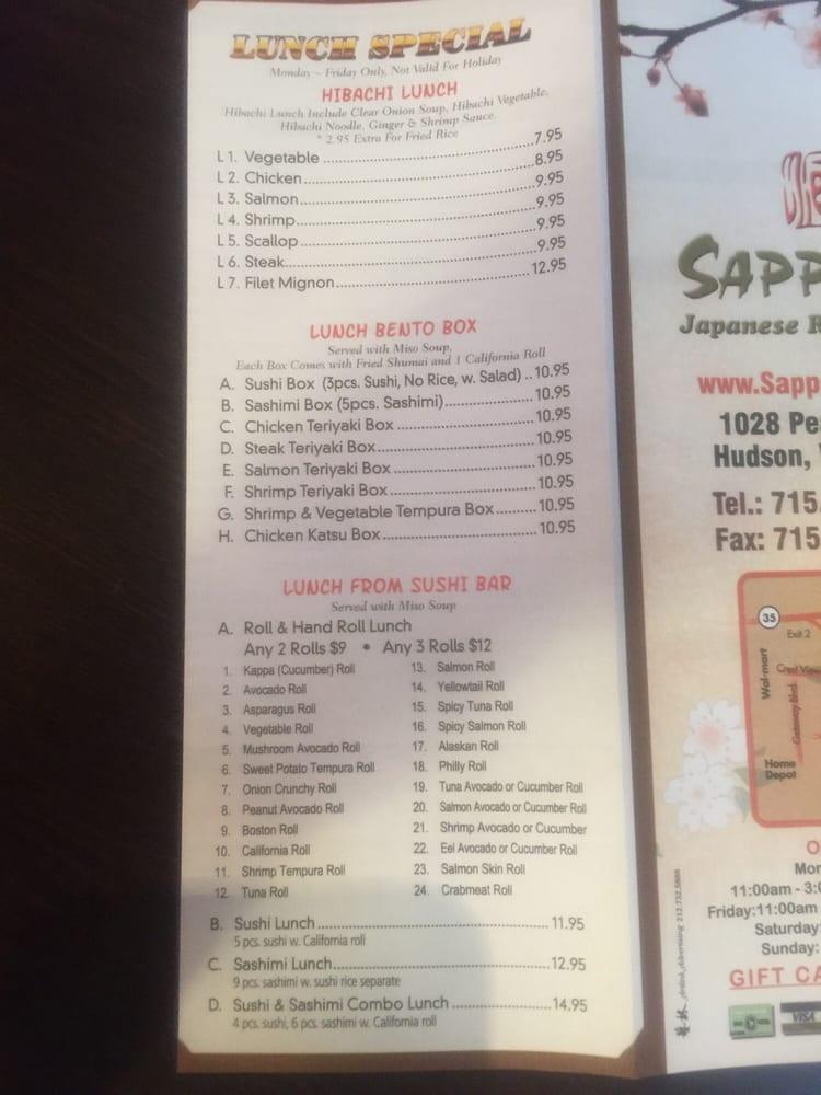 Menu at Sapporo Japanese Restaurant, Hudson