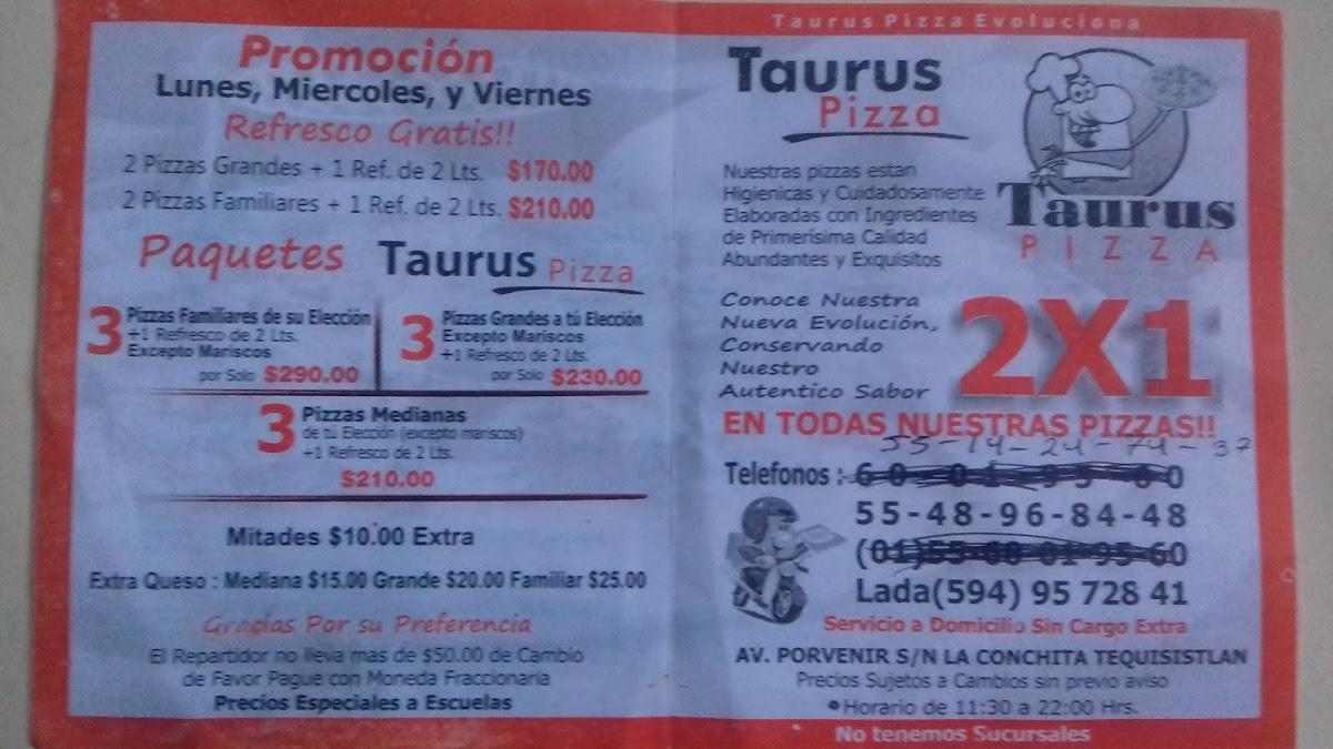 Menu at Taurus Pizza restaurant, Tequisistlán