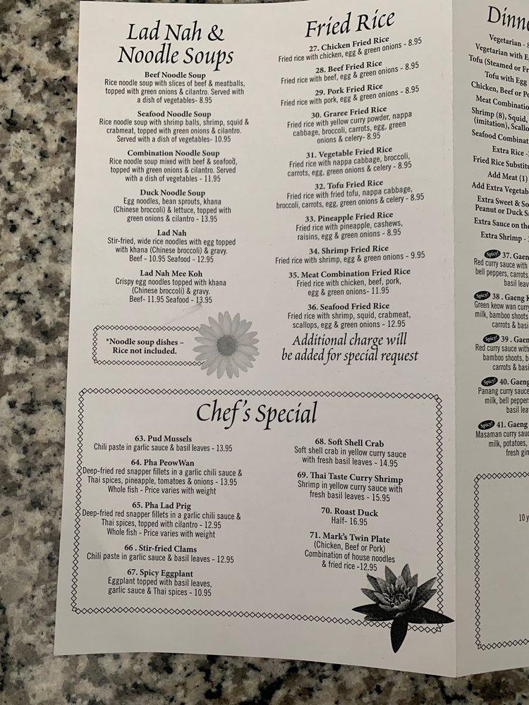 Menu at Thai Taste restaurant, Spartanburg