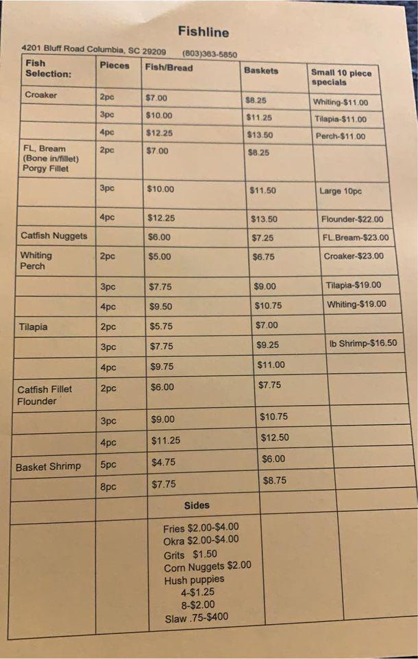 Menu at The Fish Line restaurant, Columbia