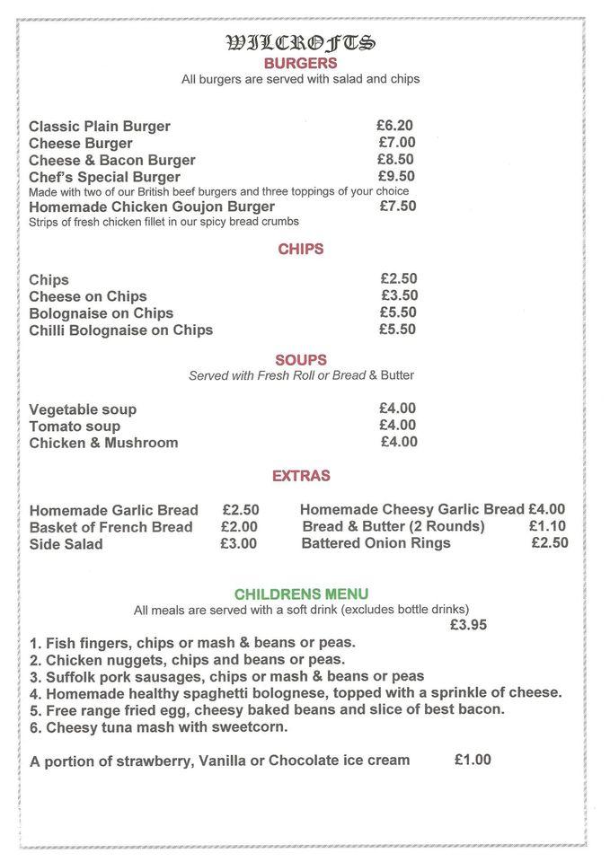 Menu at Wilcrofts Cafe, Bury Saint Edmunds