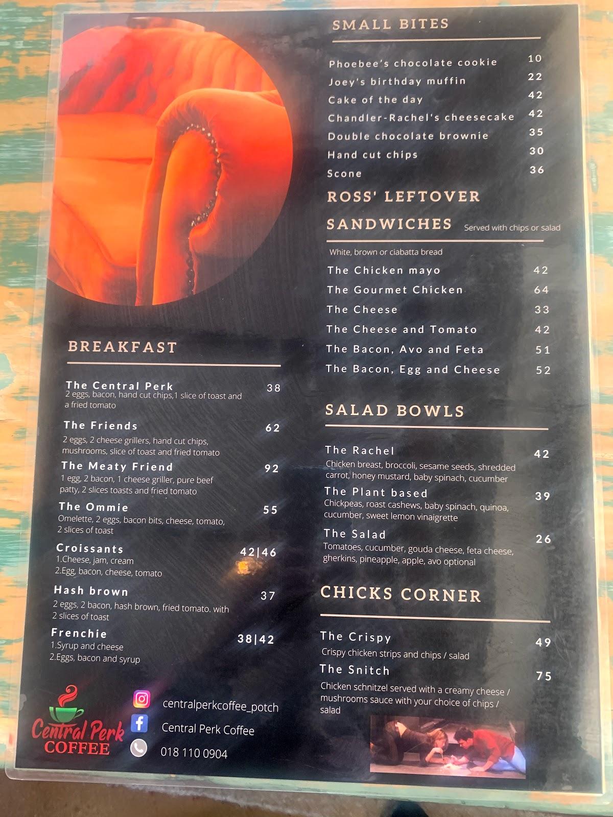 Menu at Central Perk Coffee restaurant, South Africa