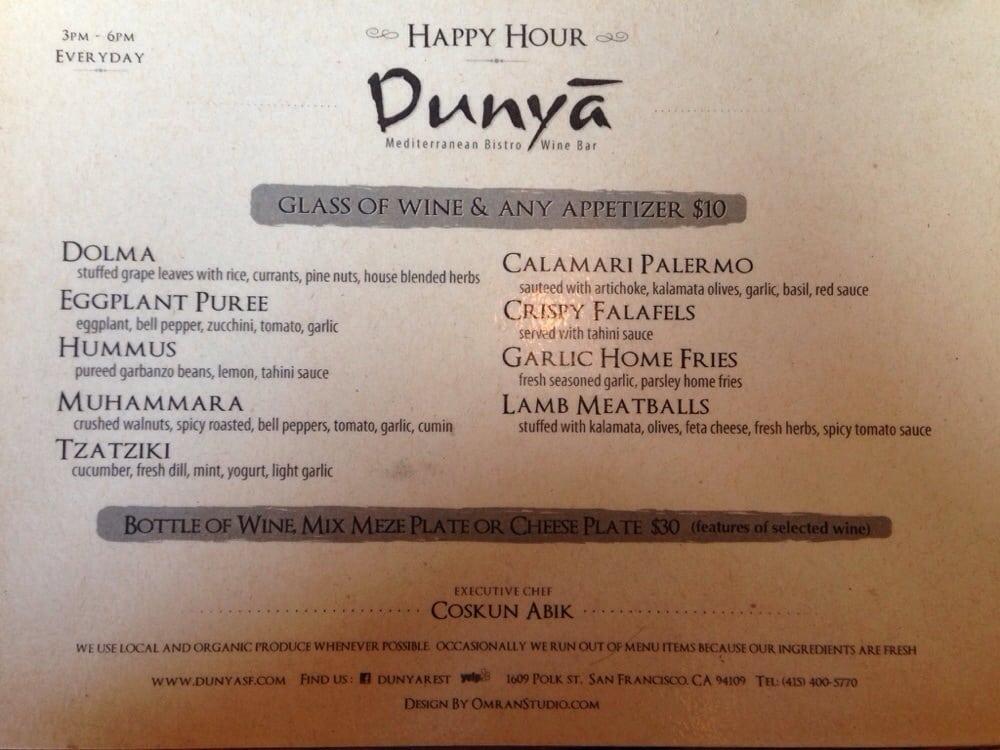 Menu at Dunyā Mediterranean Bistro & Wine Bar, San Francisco