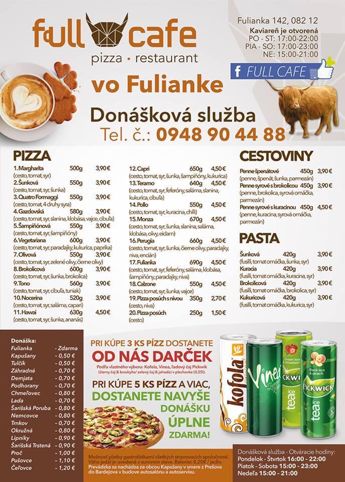 Menu at Full Cafe • Pizza Restaurant, Fulianka