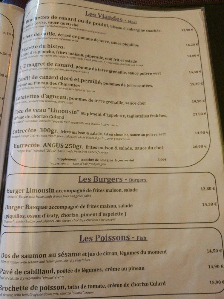 Menu at Le Coq d'Or restaurant, Cognac