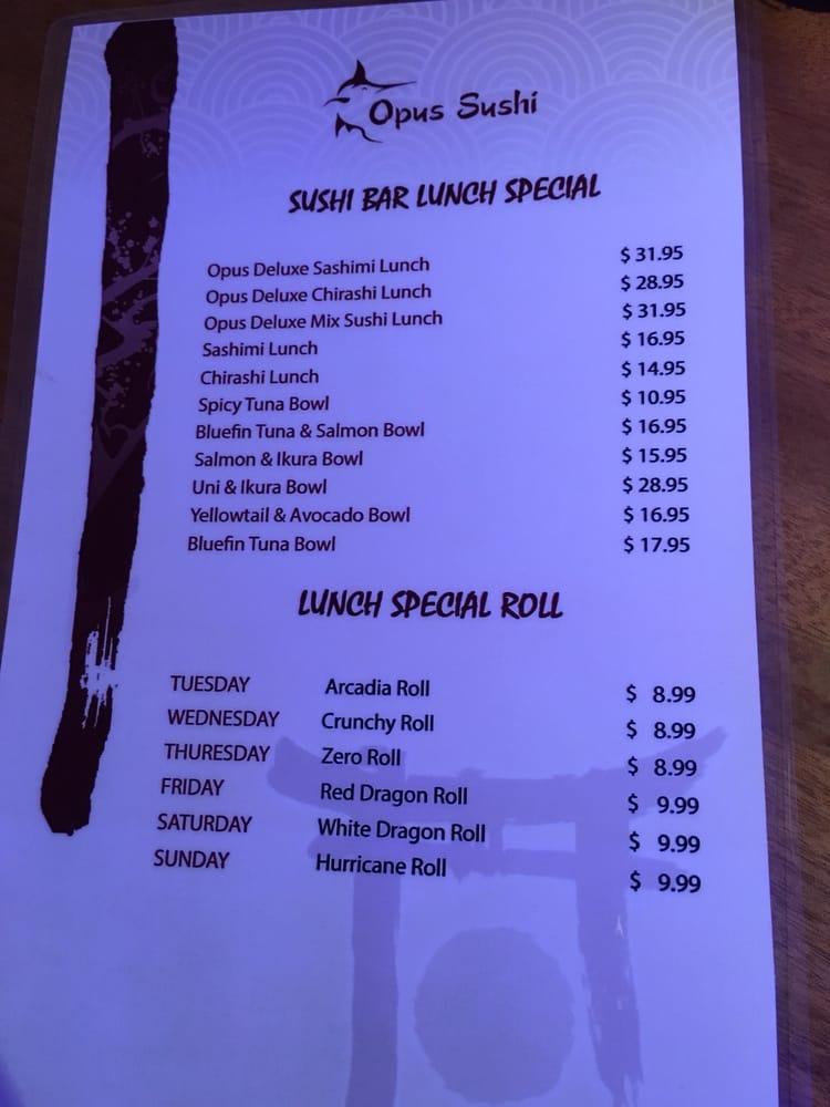 Menu at Opus Sushi restaurant, Arcadia