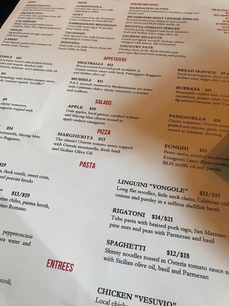 Menu at Osteria Rossa pizzeria, Grand Rapids