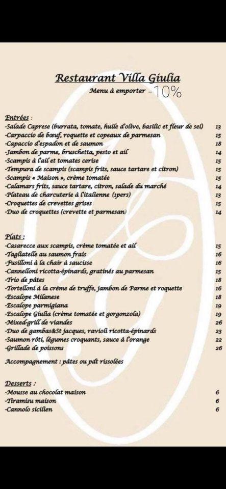 Menu au Restaurant Villa Giulia, Fleurus
