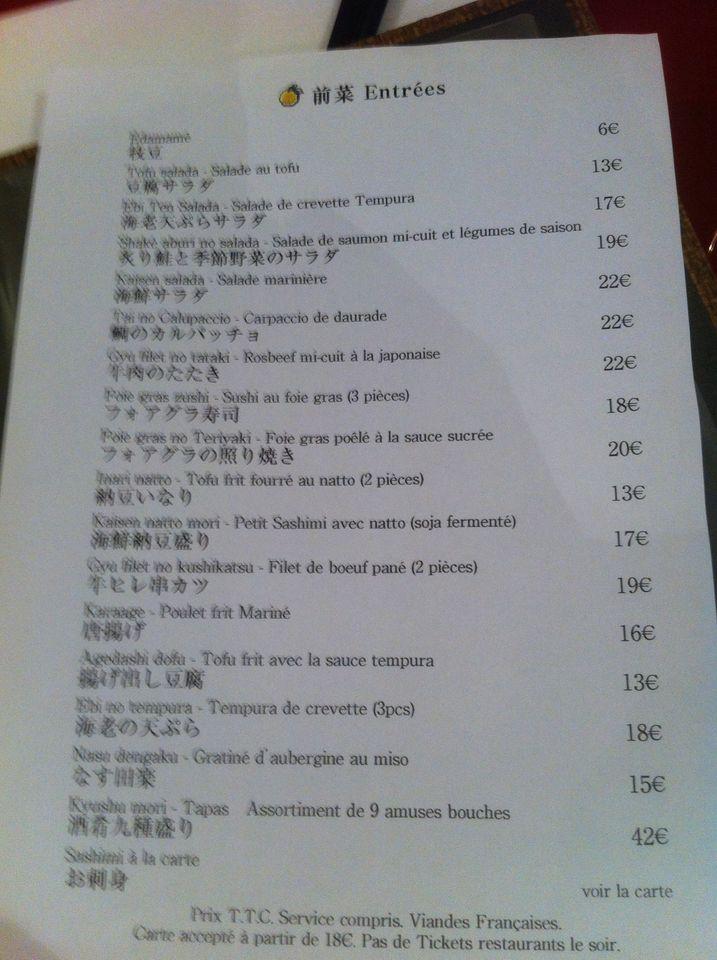 Menu at Yuzu restaurant, Paris, 33 Rue de Bellechasse