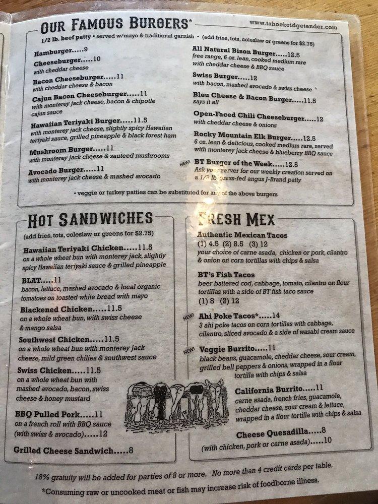 Menu at Bridgetender Tavern and Grill pub & bar, Tahoe City