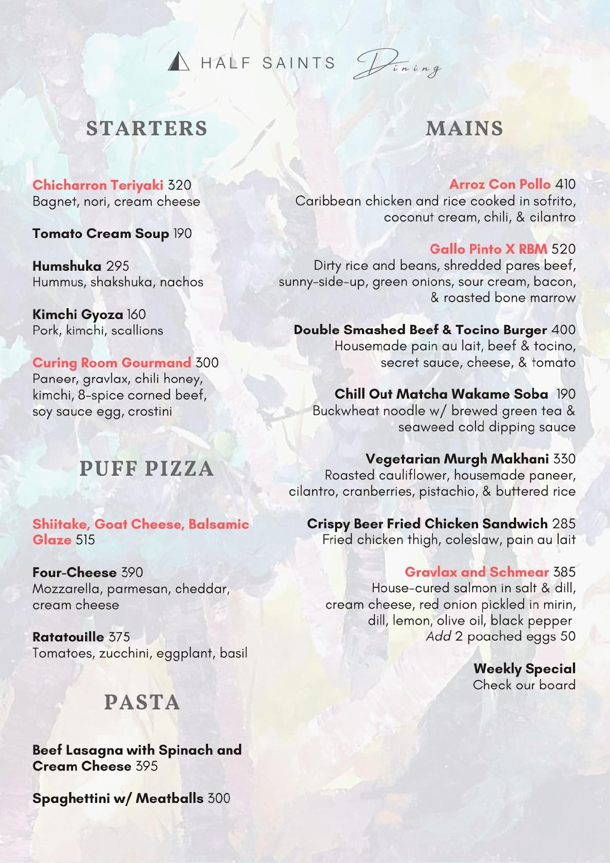 Menu at Half Saints restaurant, Quezon City