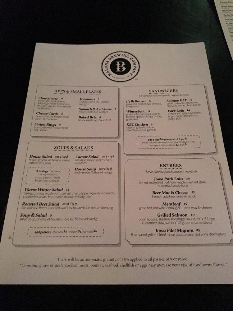 Menu at Kalona Brewing Company pizzeria, Kalona