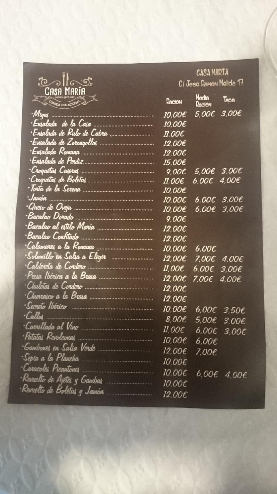Menu at Restaurante Casa Maria, Mérida