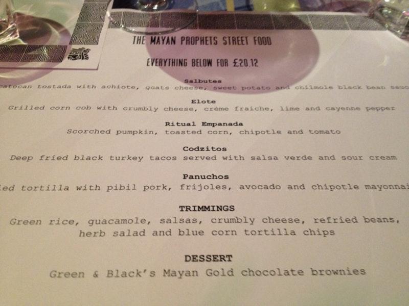 Menu at The Last Supper Club, London