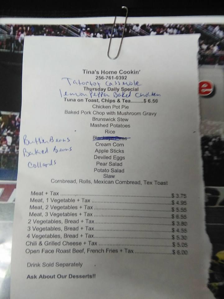 Menu at Tina's Home Cookin' restaurant, Talladega