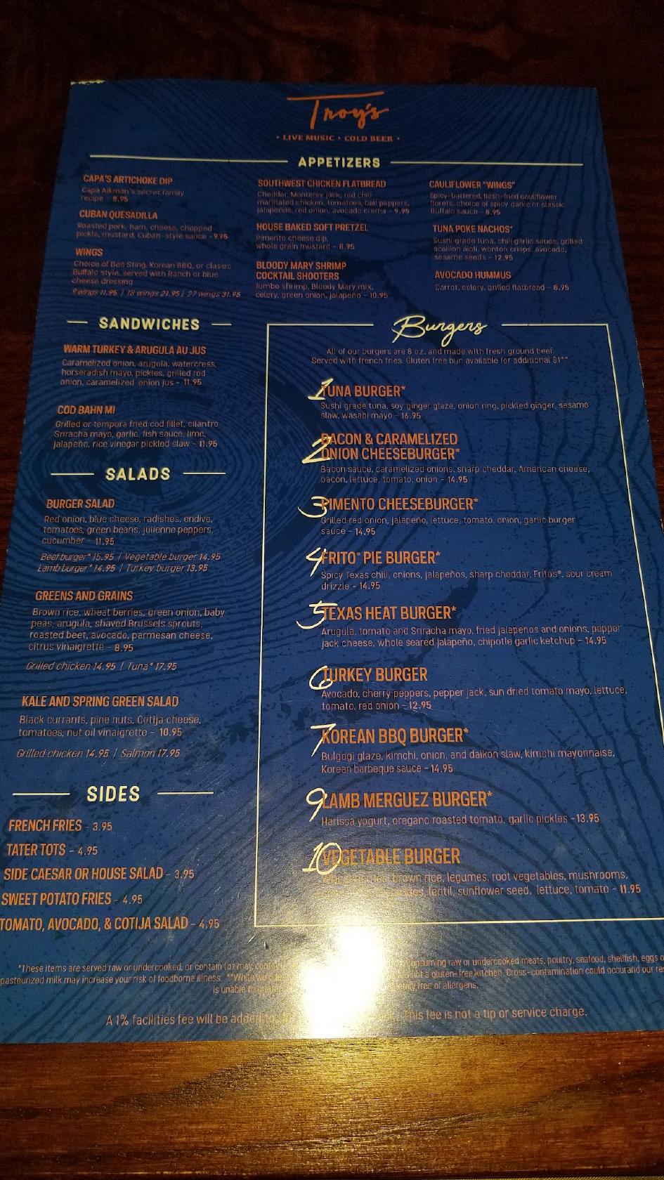 Menu at Troy's pub & bar, Arlington